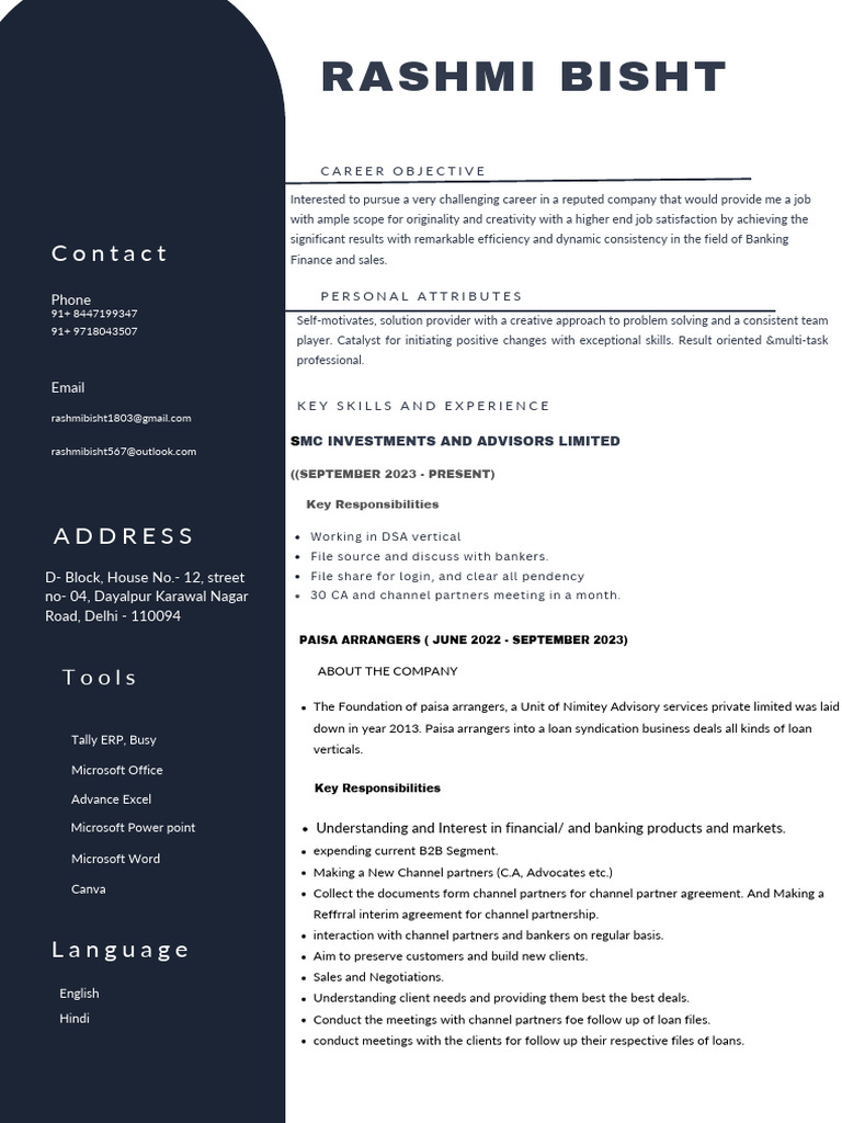 Rashmi bisht CV | PDF | Banks | Sales