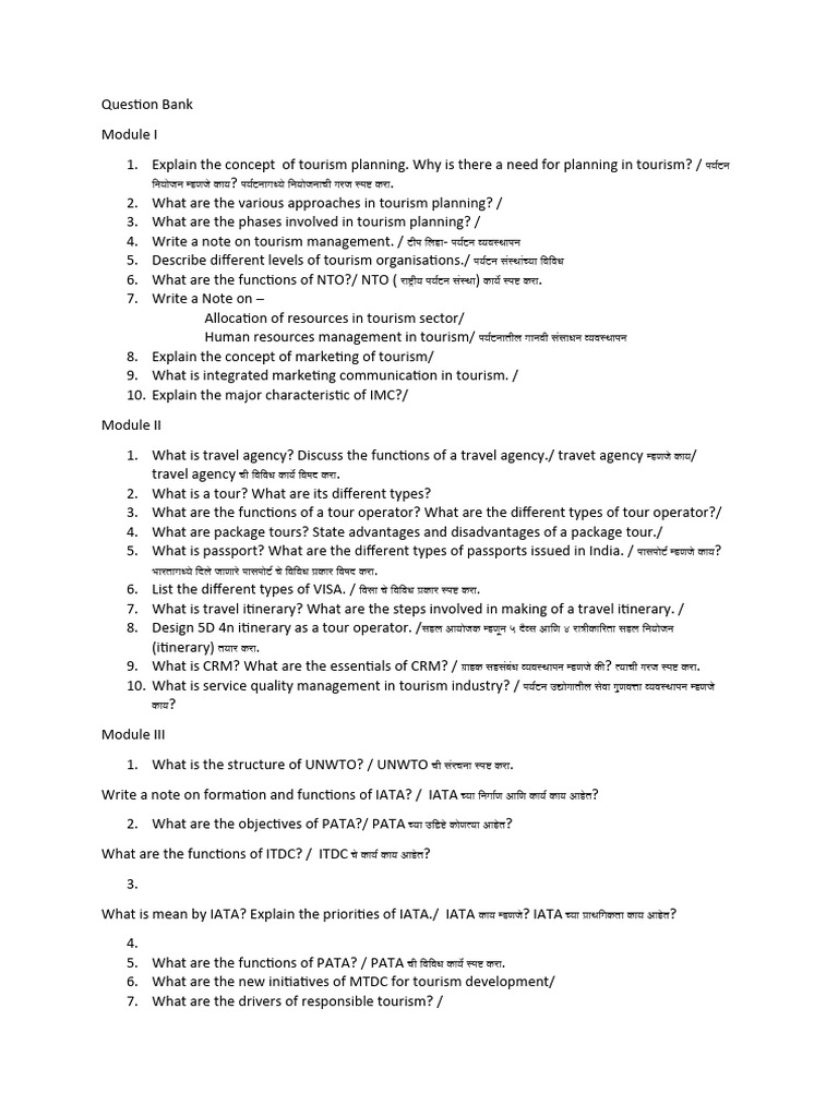 Travel and Tourism Question Bank Sem IV | PDF | Tourism | Economies