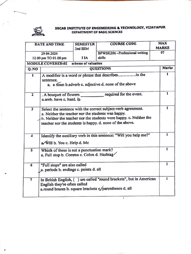 1st Internal Question Paper | PDF | Orthography | Grammar
