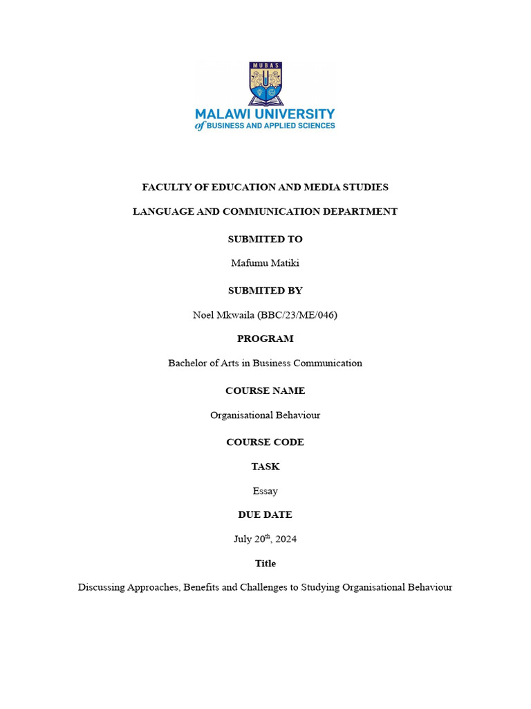 Organization Behavior Assignment One-NOEL MKWAILA Edited | PDF | Communication | Organizational ...