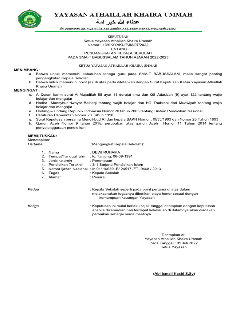 Contoh SK Kepala Sekolah SMP | PDF