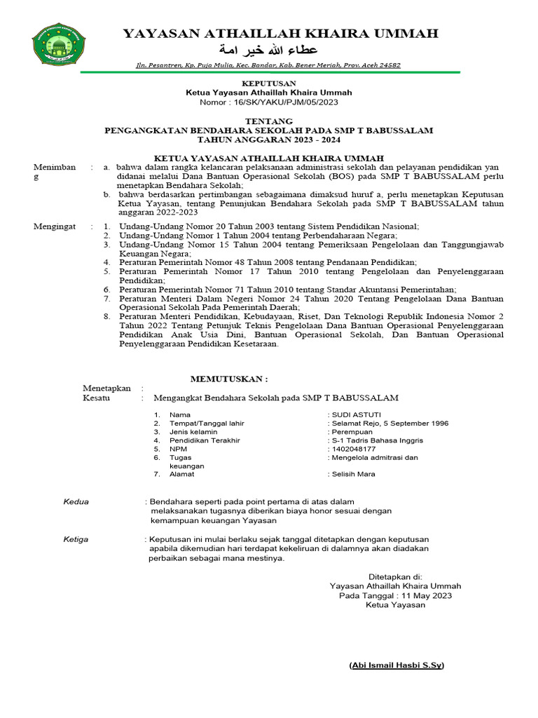 Contoh SK Bendahara Sekolah SMP | PDF