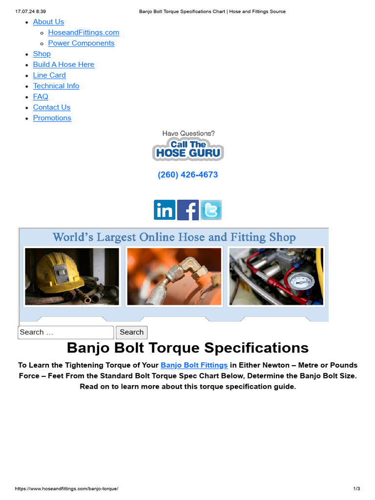 Banjo Bolt Torque Specifications Chart - Hose and Fittings Source | PDF