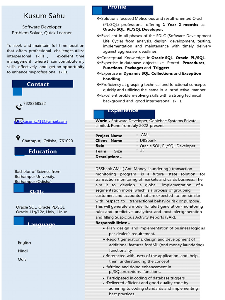 kusum_CV | PDF | Sql | Pl/Sql