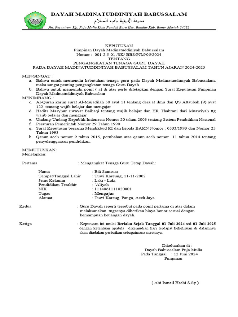 Contoh SK Guru Dayah | PDF