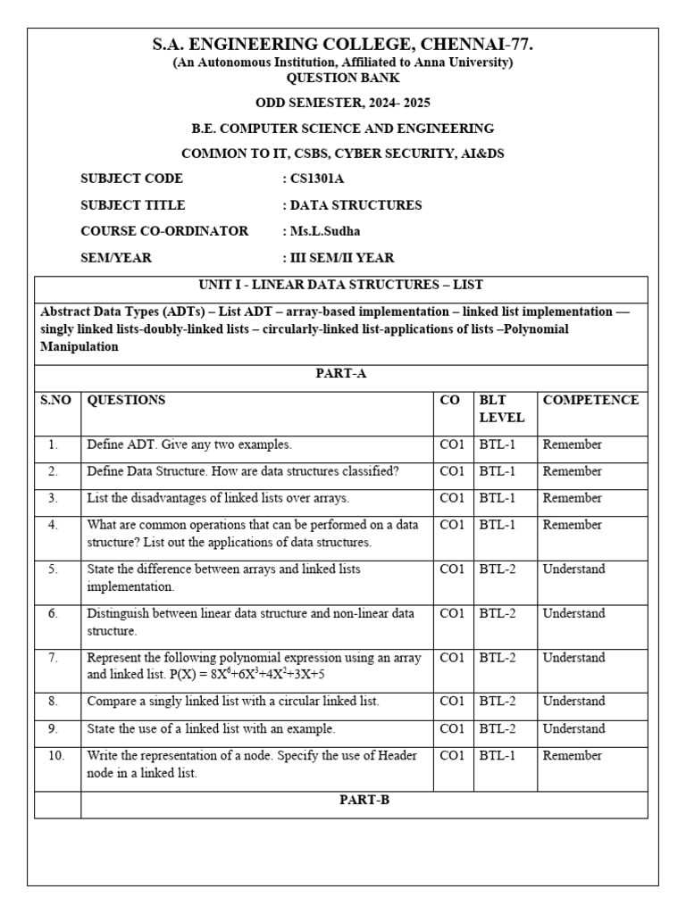 Data Structures Question Bank 2024-2025 | PDF | Theoretical Computer ...