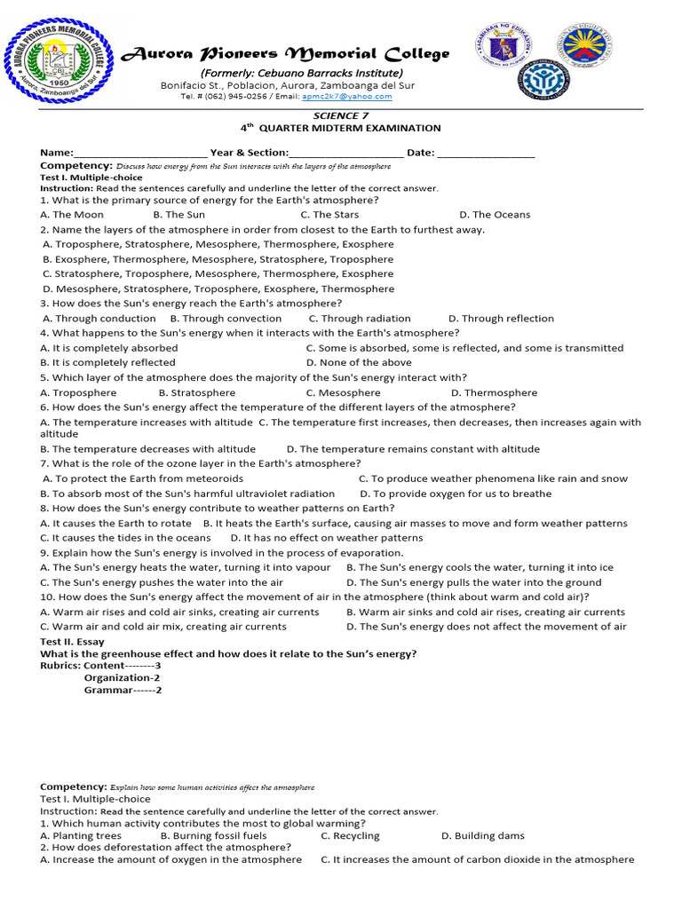 g7 Science 4th Quarter Midterm Exam 107 Copies | PDF | Atmosphere Of Earth | Monsoon