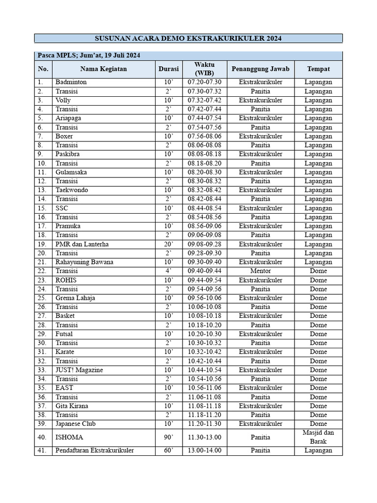 Susunan Acara Demo Ekstrakurikuler 2024 | PDF | Olahraga & Rekreasi
