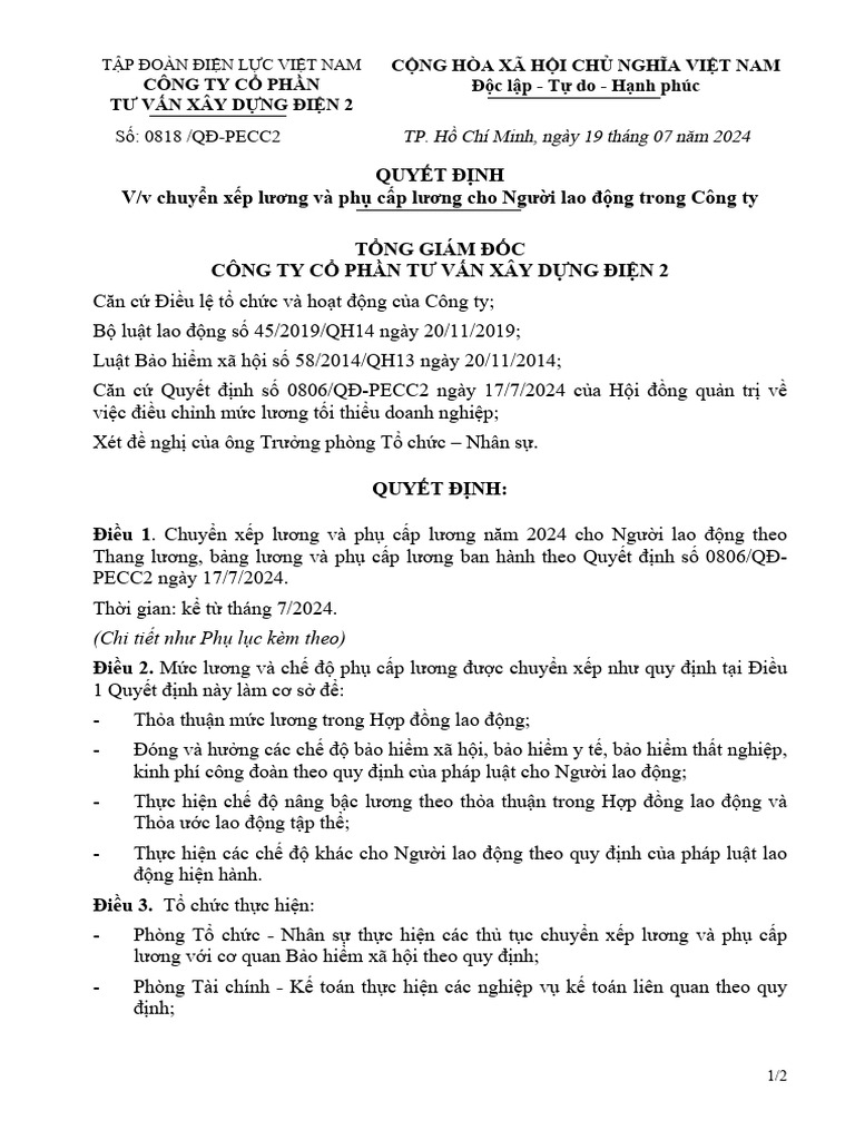 Số: 0818 /QĐ-PECC2 TP. Hồ Chí Minh, ngày 19 tháng 07 năm 2024 | PDF