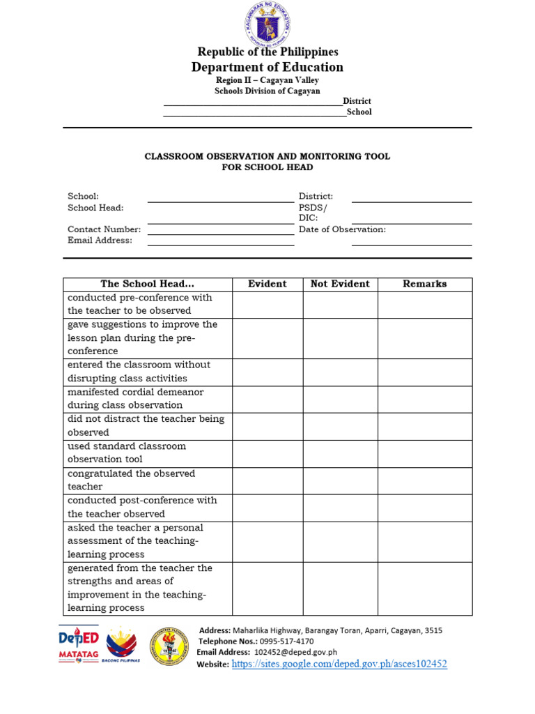 Classroom Observation Tool for School Heads | PDF | Teachers | Pedagogy