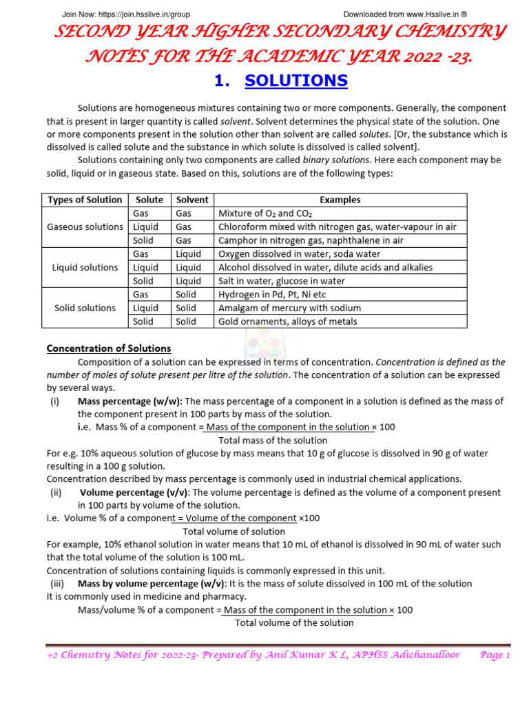 Class 12 Chemistry Solutions Notes | PDF | Solubility | Redox