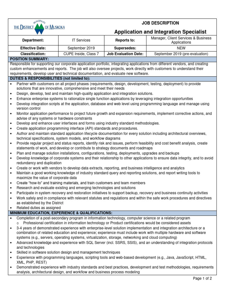 Application Integration Specialist Role | PDF | Occupational Safety And ...