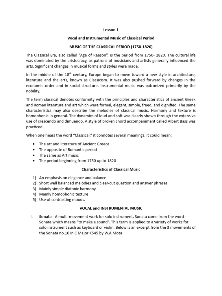 Lesson 1 Vocal and Instrumental Music of Classical Period Music of The ...