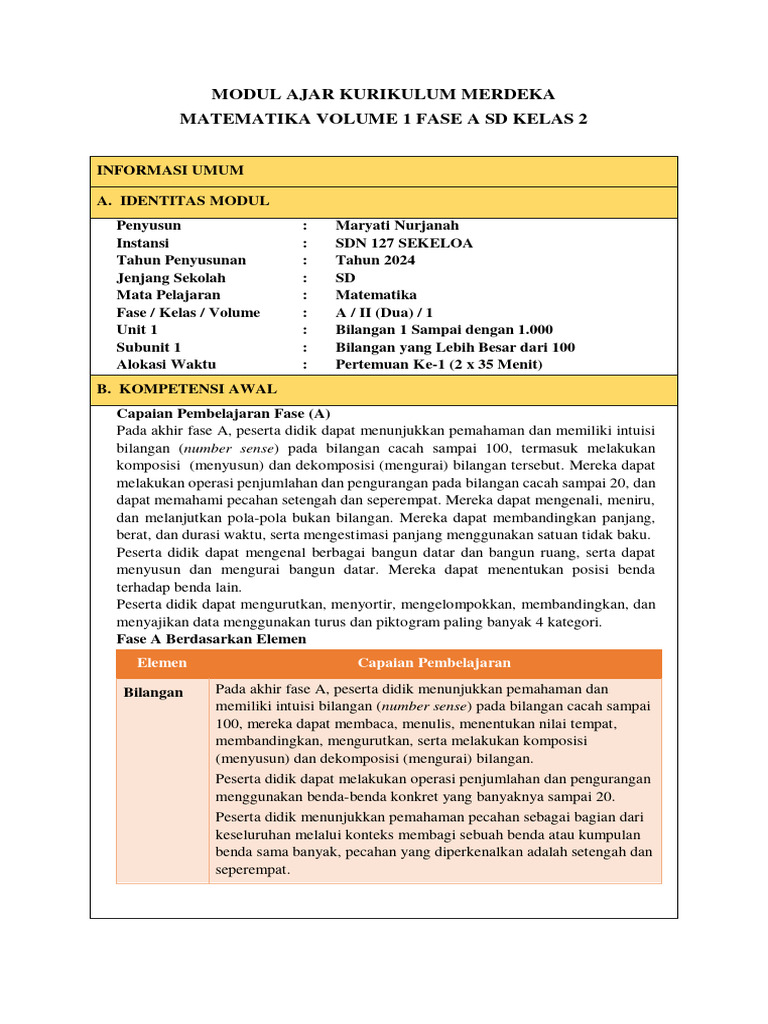 MODUL AJAR MATEMATIKA Volume Kelas 2 | PDF | Kesehatan Holistik | Sains ...