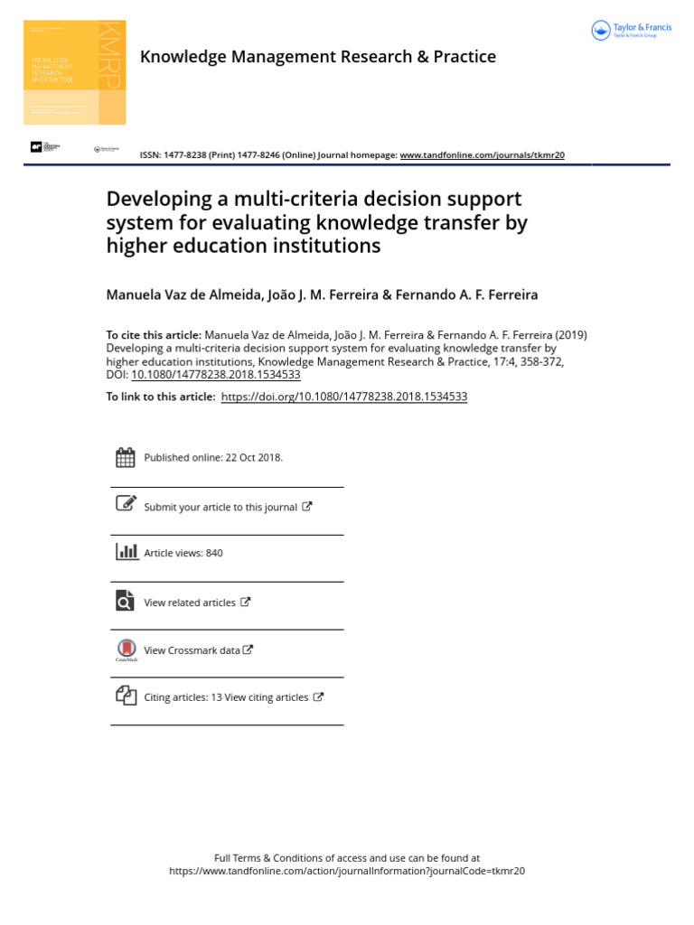 Developing A Multi-Criteria Decision Support System For Evaluating Knowledge Transfer by Higher ...