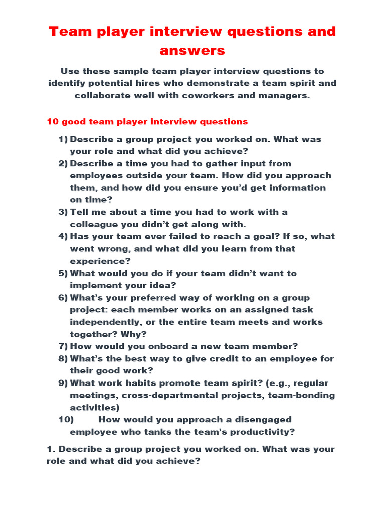 Team Player Interview Questions and Answers | PDF | Team Building ...