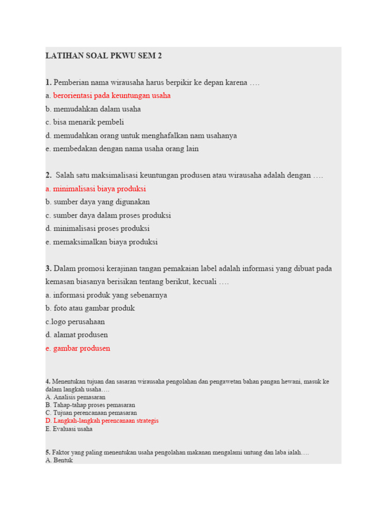 Jawaban Latihan - Soal - Pkwu - Sem - 2 | PDF