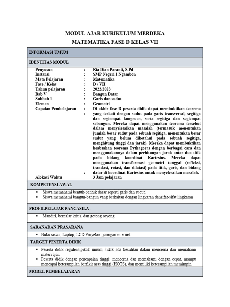 Ma Sudut Kelas 7 (Ria Dian) | PDF | Metode & Bahan Ajar | Seni