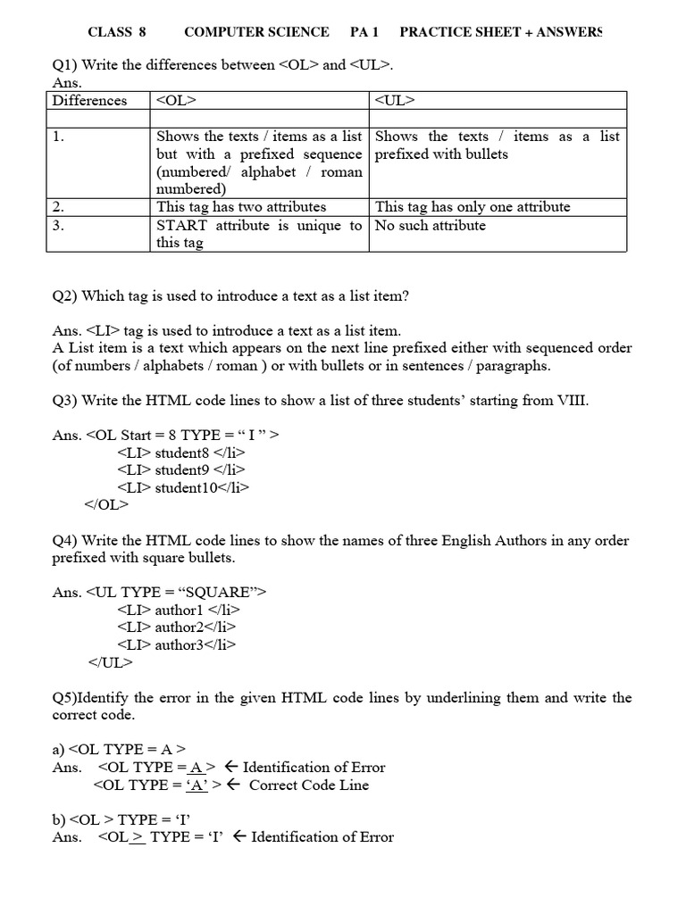 Class 8 PA 1 Worksheet 1 | PDF | Html | Computing