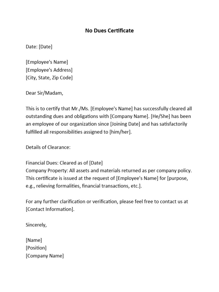 No Dues Certificate Format 2 | PDF | Finance & Money Management