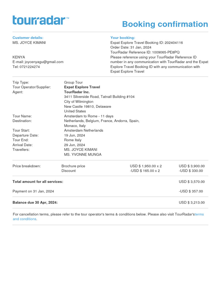 TourRadar Booking Confirmation - 1009065 - Kimani - 240424 - 150924 ...