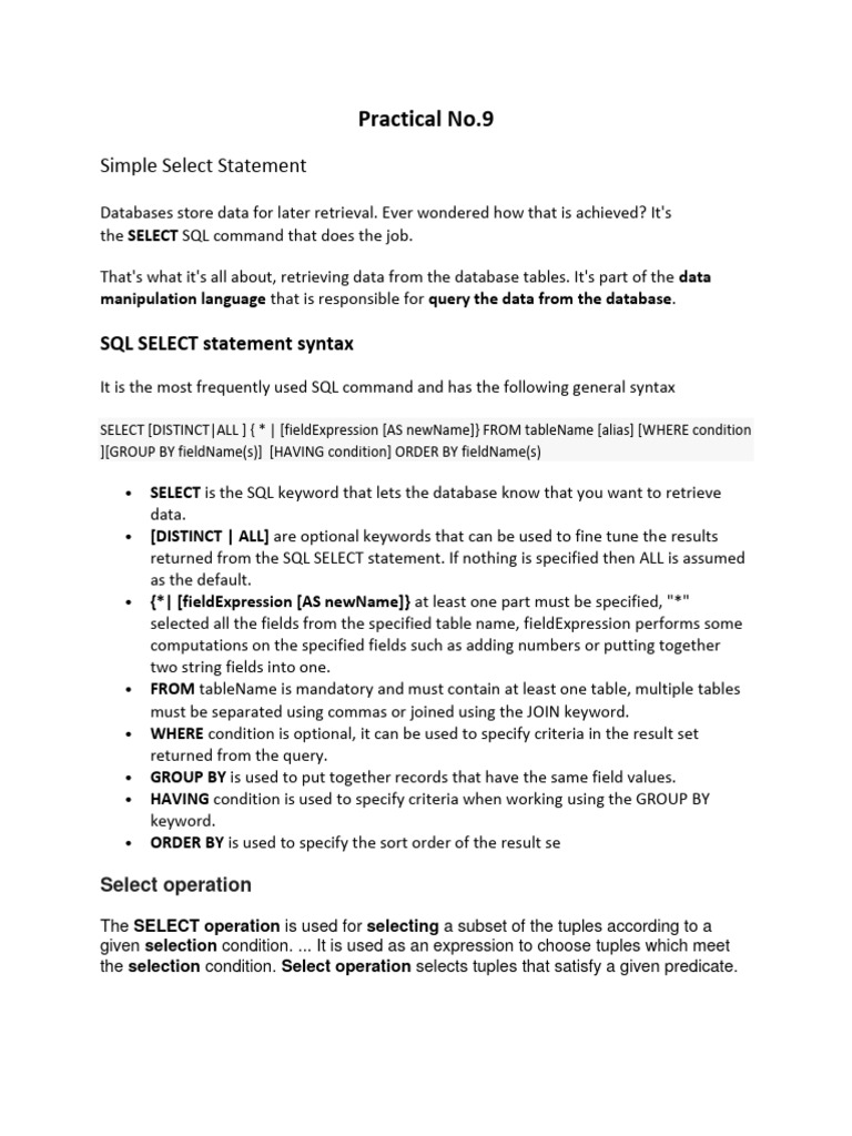 Practical No 6 Simple Select Statement | PDF | Sql | Databases