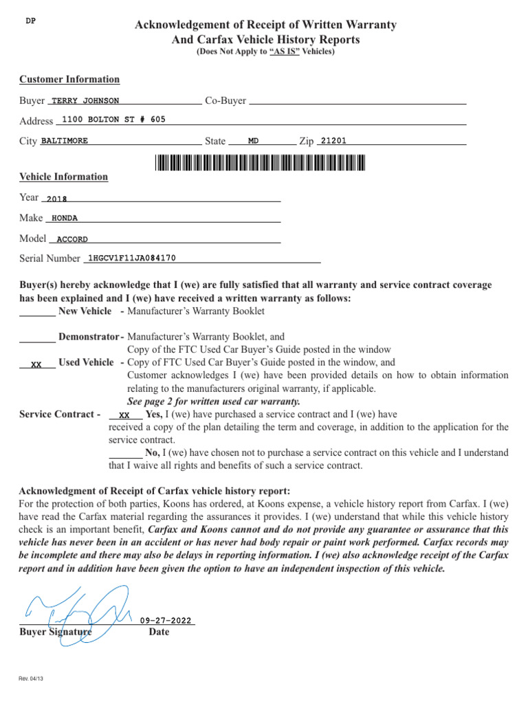 Receipt of Written Warranty | PDF | Damages | Used Car
