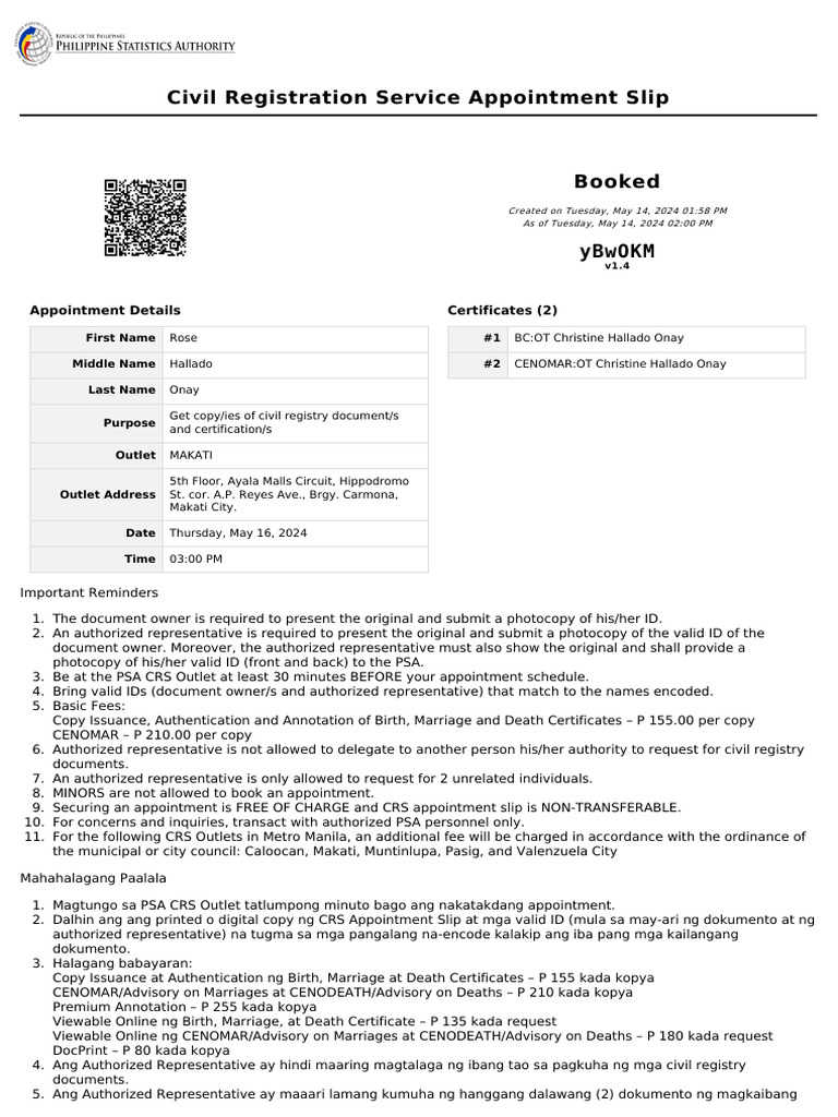 Civil Registration Service Appointment Slip | PDF | Social Science | Law
