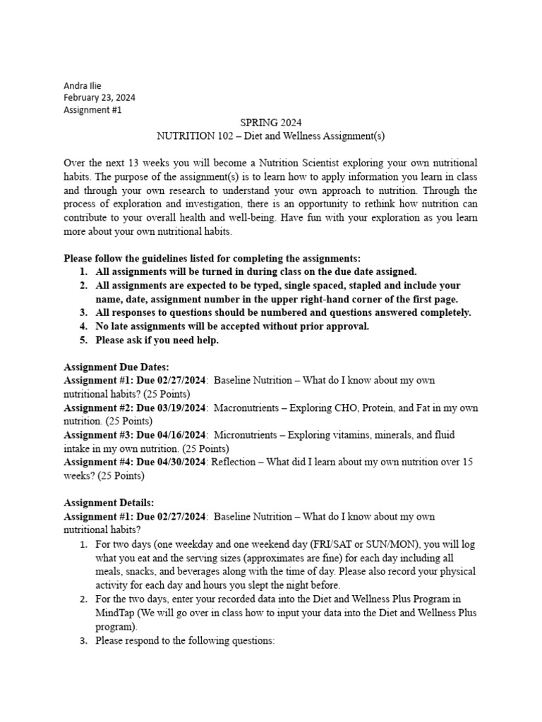 NUTR 102 (13w) Spring 2024 - Diet and Wellness Assignment | PDF ...