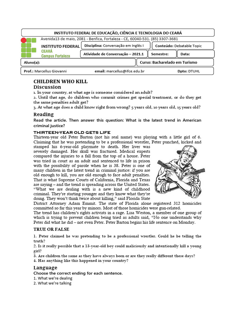 Children Who Kill Worksheet | PDF | Crime & Violence | Crimes