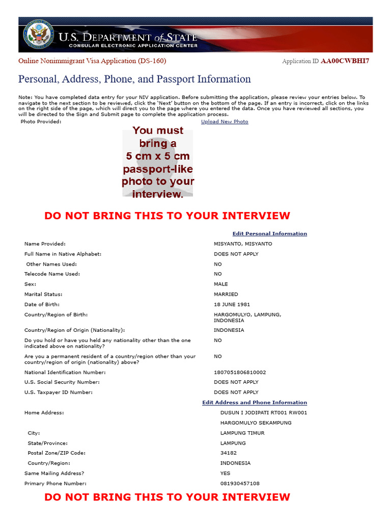 Form DS160 - Misyanto Revisi | PDF | Passport | Travel Visa