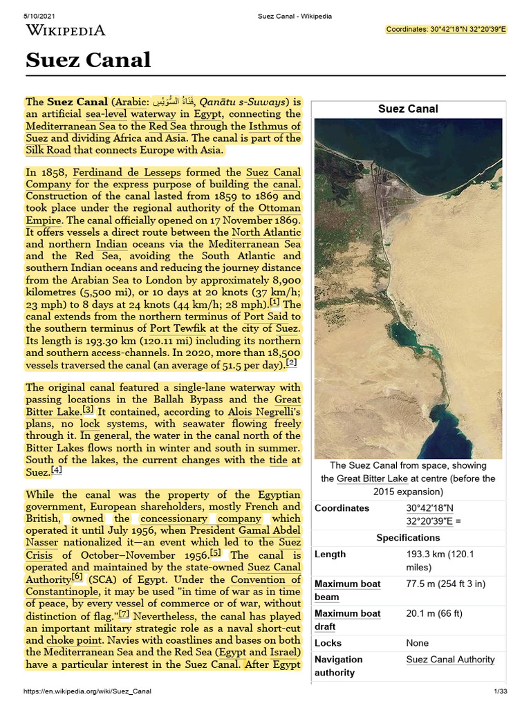 Suez Canal - Wikipedia Updated | PDF | Suez Canal