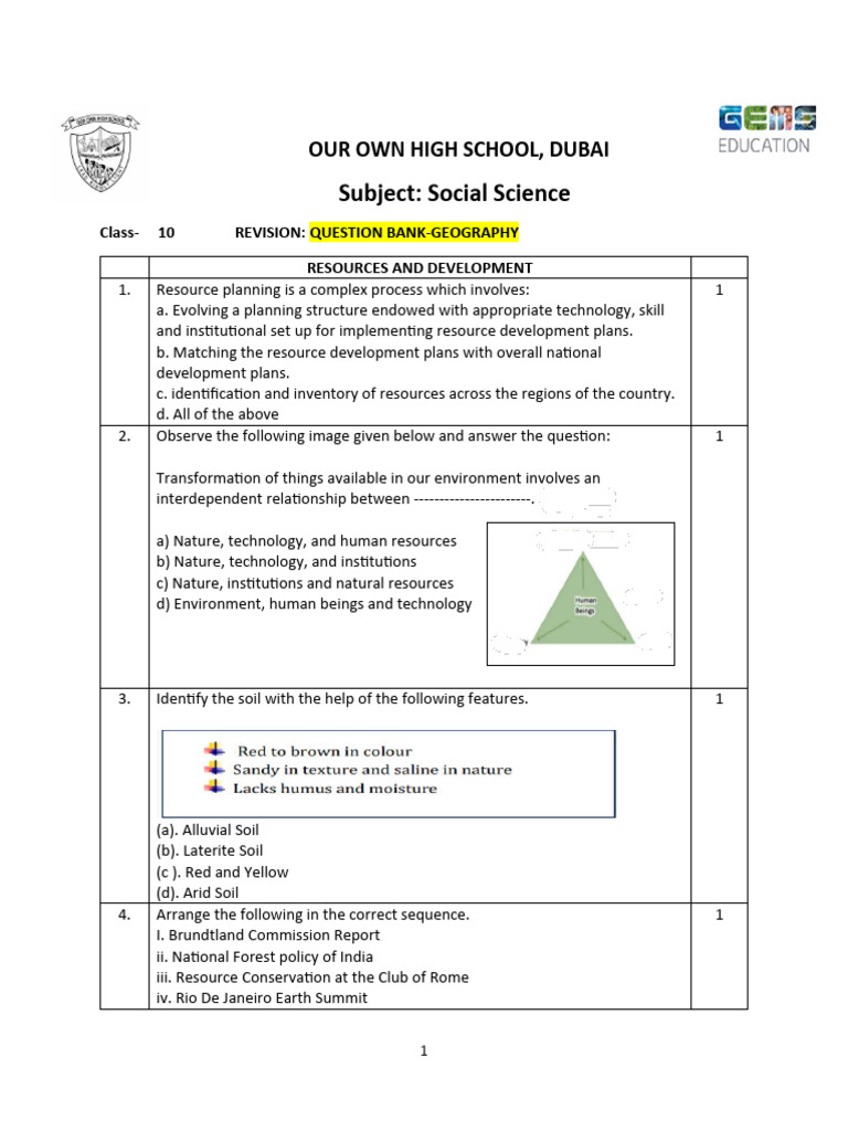 QUESTION BANK - GEOGRAPHY-Resources and Development | PDF | Soil ...