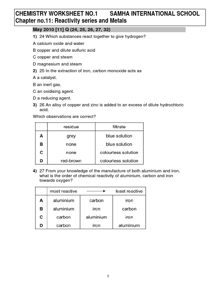 Reactivity Series Worksheet Analysis | PDF | Oxide | Iron