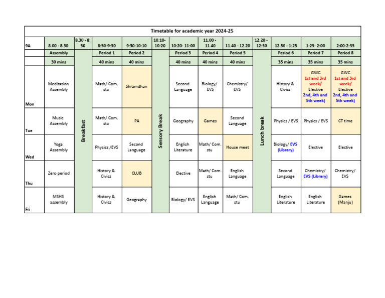 Class 9A - Timetable For Academic Year 2024-25 | PDF