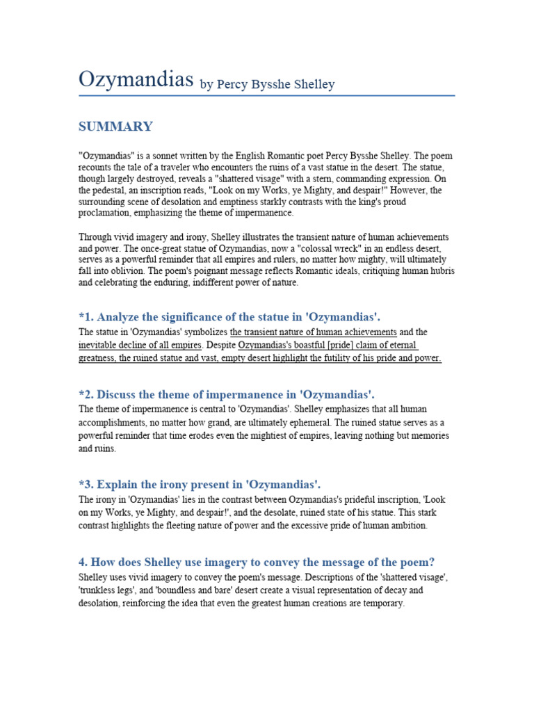 Ozymandias 4 Mark Questions Answers | PDF | Poetry | Stanzaic Form