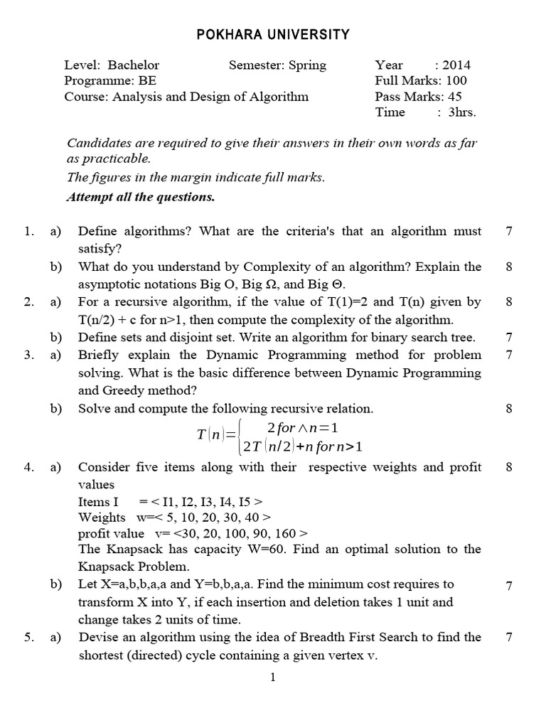 BE Algorithm Design Exam Questions | PDF | Dynamic Programming | Algorithms