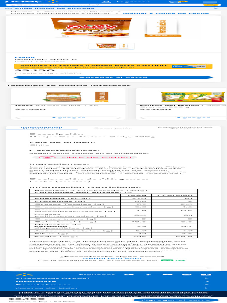 Manjar Daily 400g: Información y Precio | PDF | Etiqueta de información ...