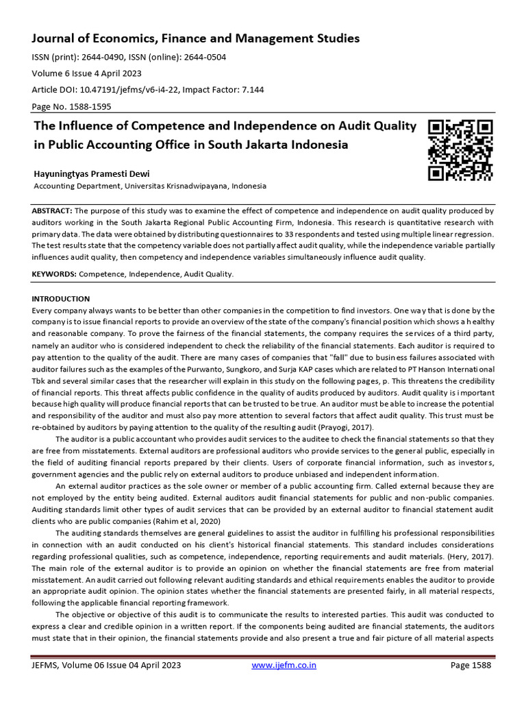 The Influence Of Competence And Independence On Au Pdf Audit