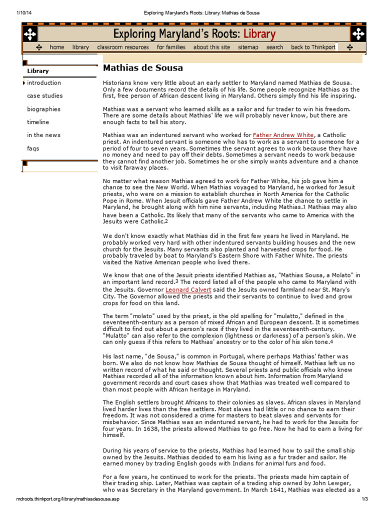 Exploring Maryland's Roots - Library - Mathias de Sousa | PDF | Maryland | Mulatto
