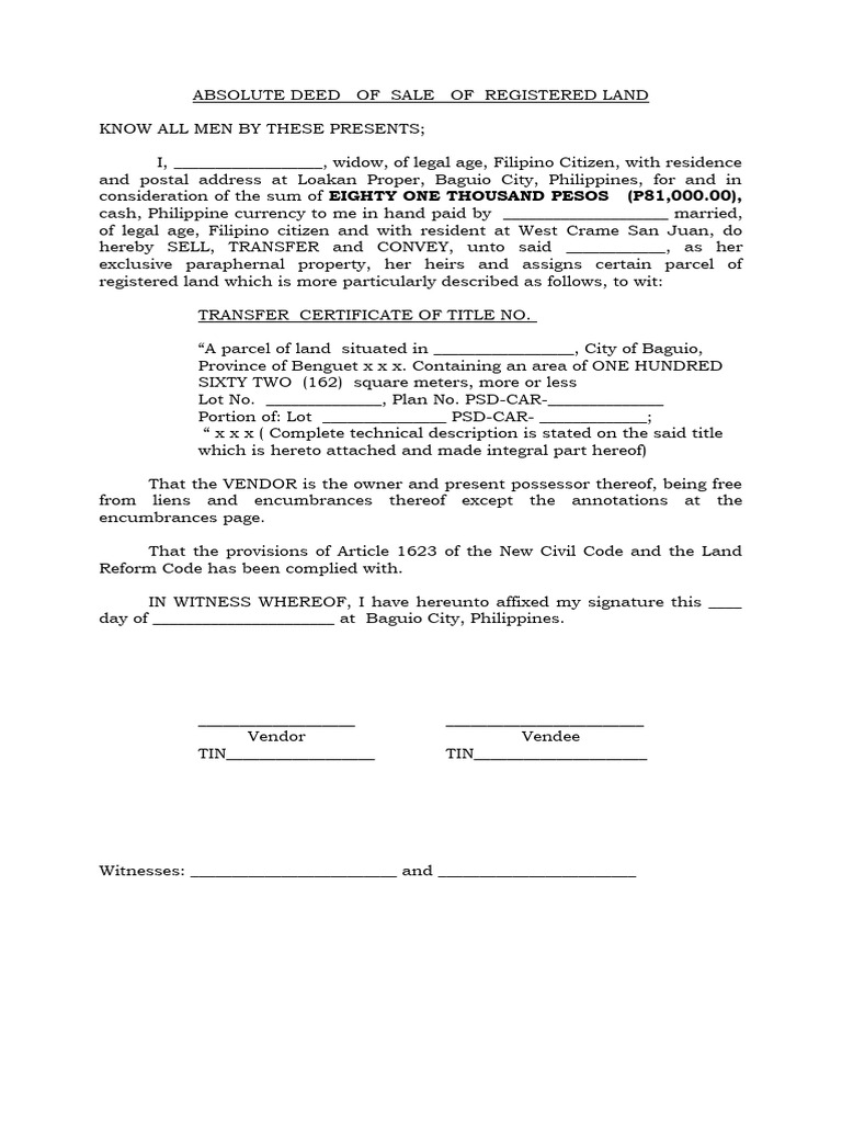 Absolute Deed of Sale of Registered Land | PDF | Common Law | Civil Law ...