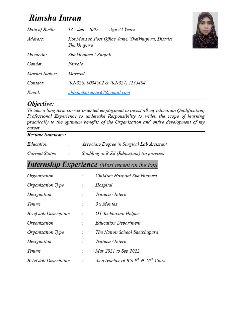 Rimsha Imran's Professional Resume | PDF | Wellness
