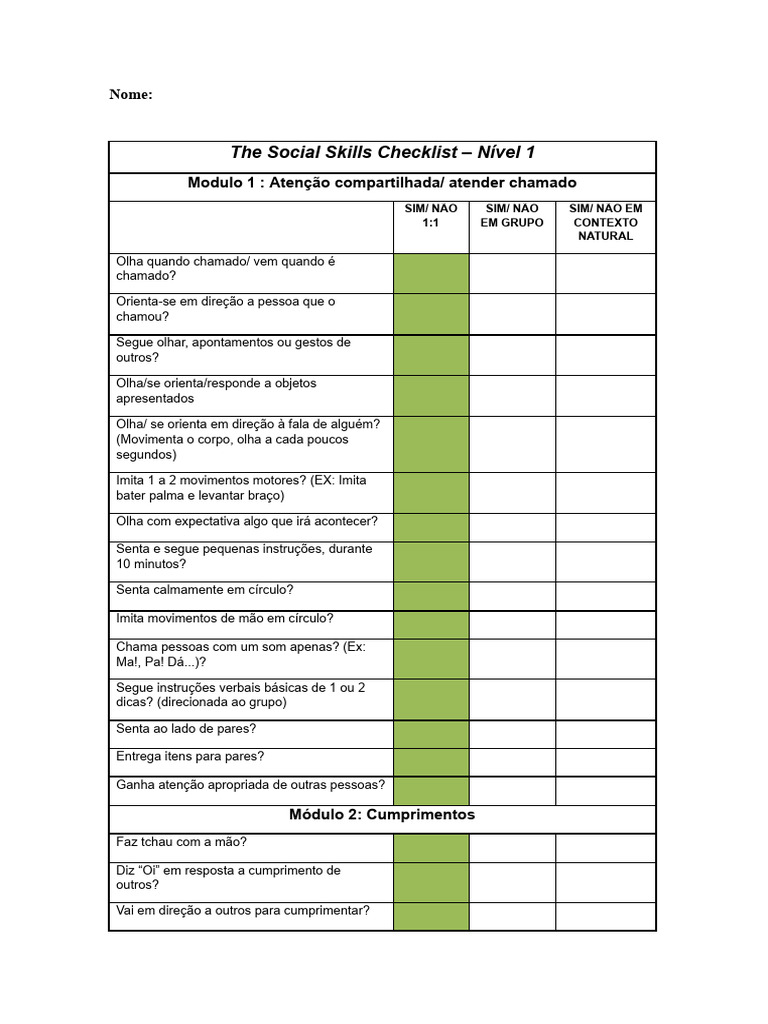 Checklist de Habilidades Sociais - Nível 1 | PDF | Emoções | Pensamento