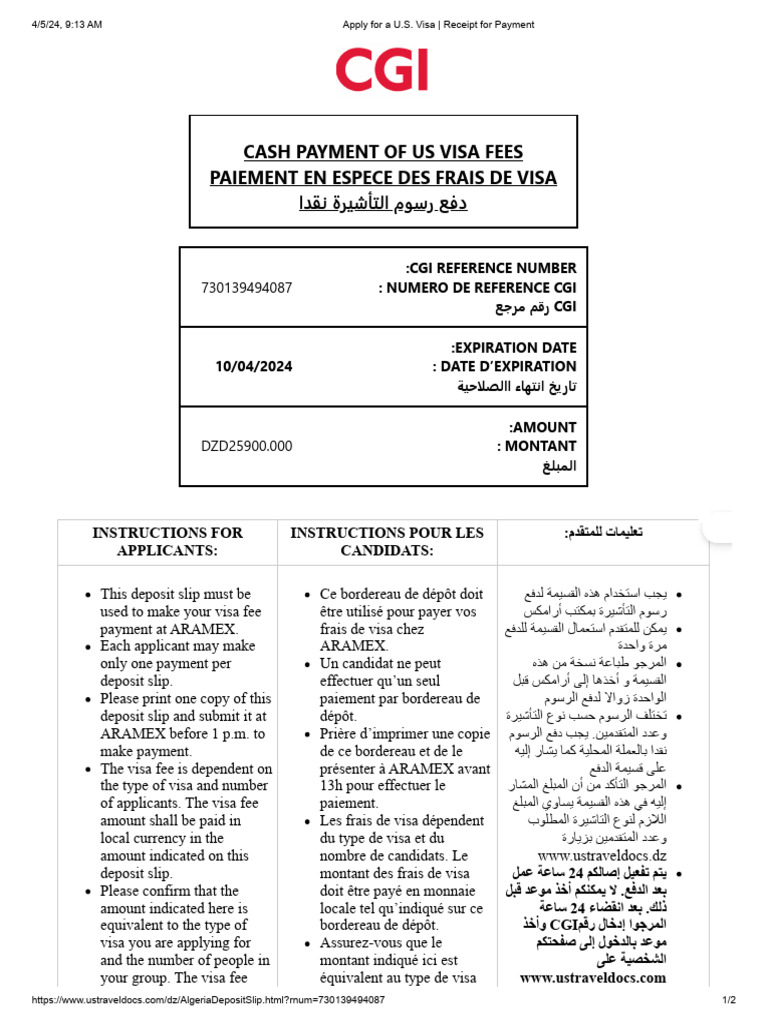 Apply For A U.S. Visa - Receipt For Payment | PDF
