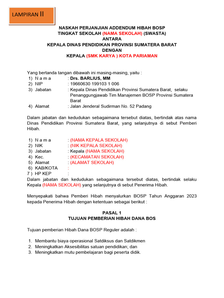 Addendun Naskah Perjanjian Hibah (NPH) Bos 2023 Pinal | PDF