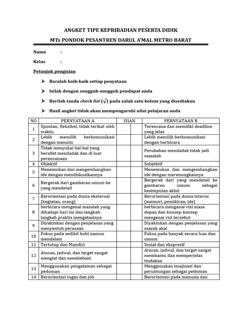 ANGKET TIPE KEPRIBADIAN KEIRSEY Fix | PDF