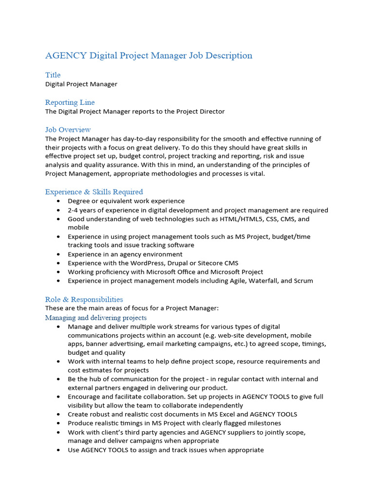 Digital Project Manager Job Overview | PDF | Project Management | Web ...