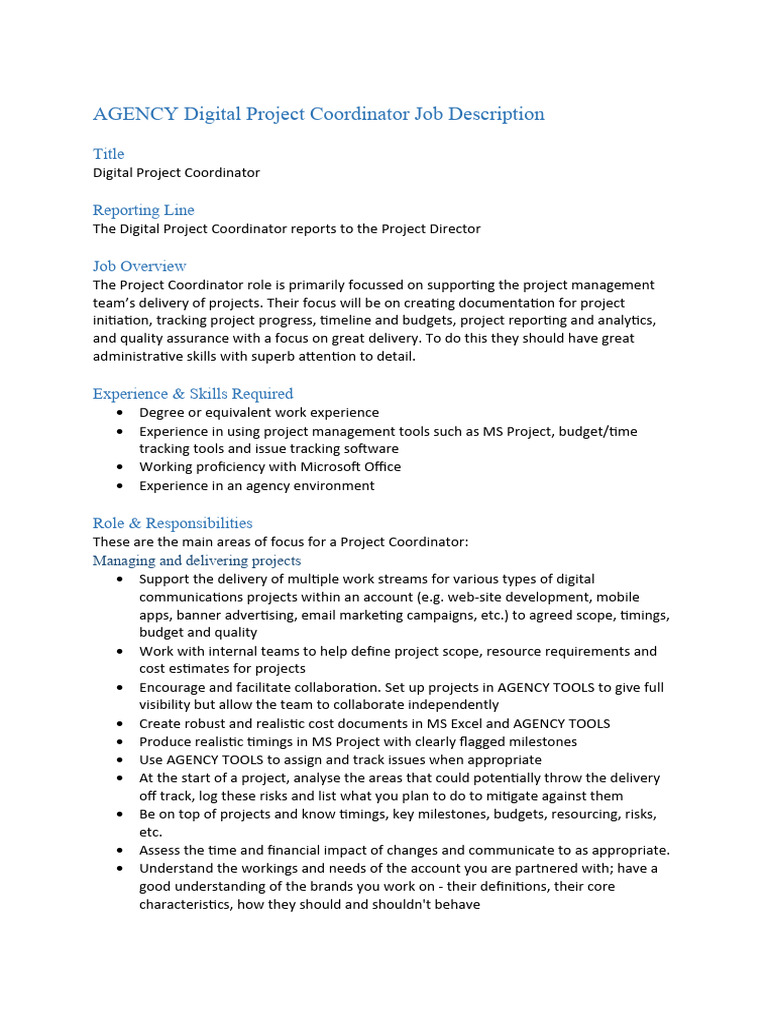 AGENCY Digital Project Coordinator Job Description | PDF | Project ...