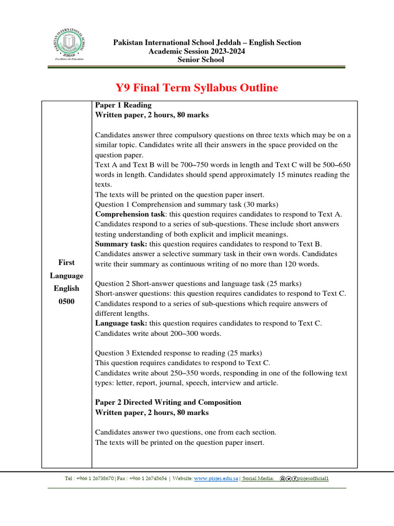 Y9 Final Term Syllabus Outline | PDF | Reading Comprehension | Question