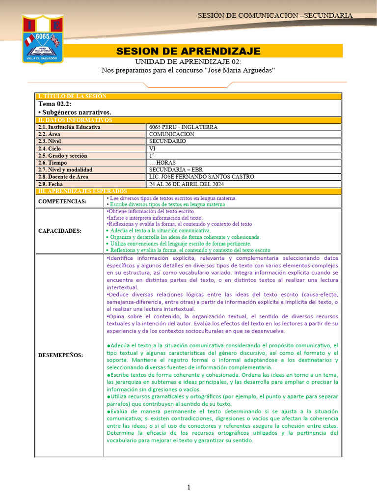 1° Sesion Actv 02.2 Comunicación 2024 | PDF | Aprendizaje | Narrativa